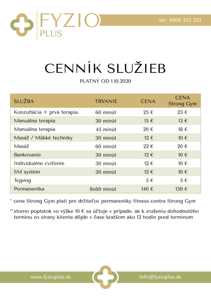 Cenník – Fyzioplus